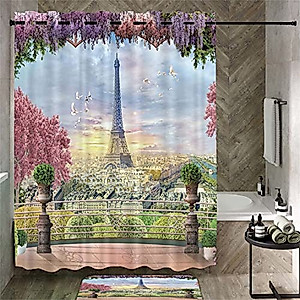 4PCS Eiffel Tower Shower Curtains with Rugs Bath Mat Toilet Lid Cover and 12 Hooks Waterproof Paris Tower Bathroom Shower Curtain Set