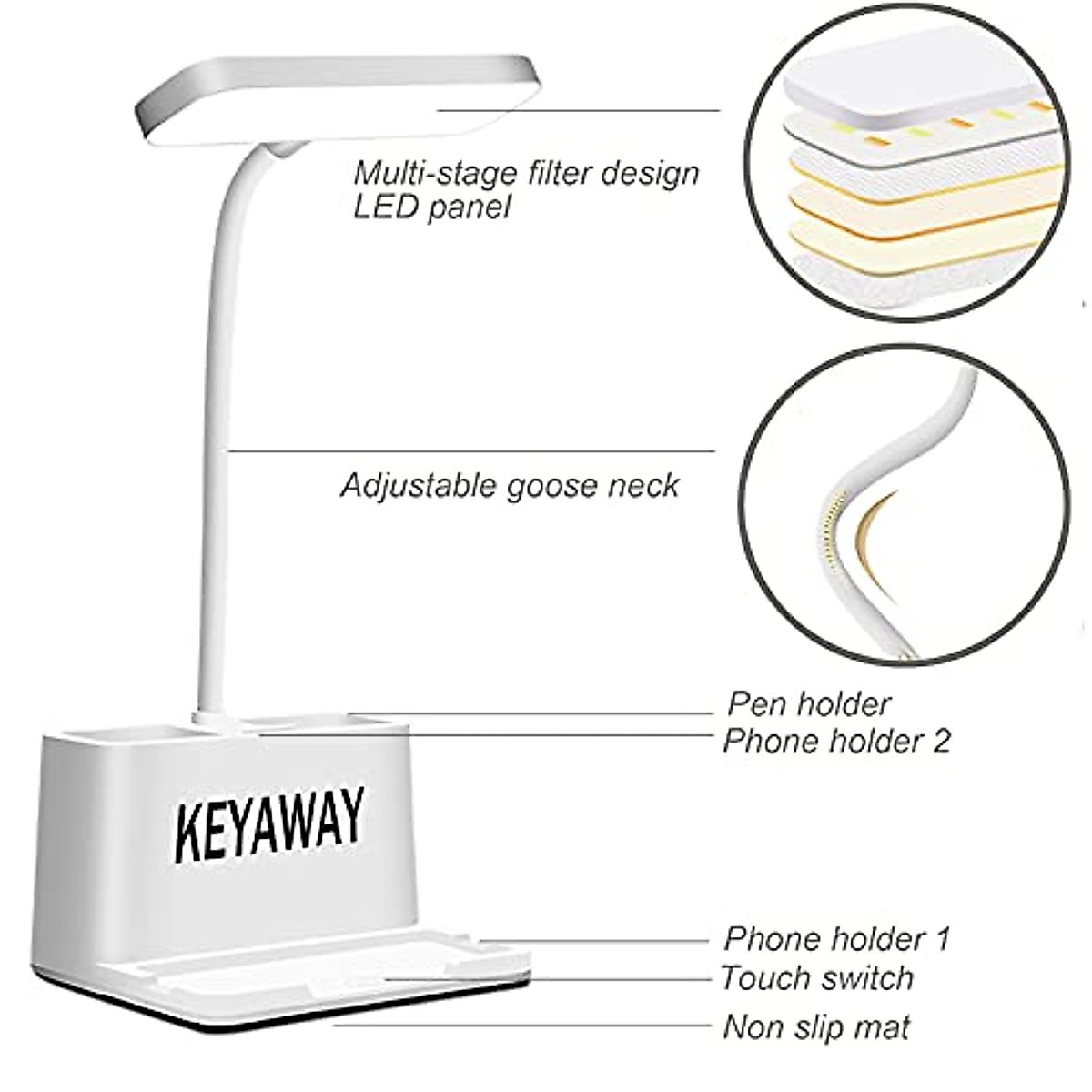LED Desk Lamp with Pen & Phone holder, USB Rechargeable Book Reading Light,Eye-Caring Study Lamp for Kids, Touch Table Lamp with Flexible Gooseneck for Home,Office,3 Color Modes & Stepless Dimming