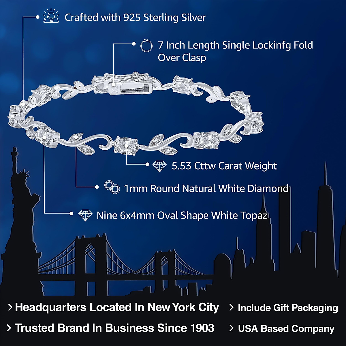 Gem Stone King 925 Sterling Silver White Topaz and Diamond Greek Vine Tennis Bracelet For Women (5.53 Ct Oval 7 Inch)