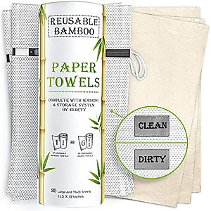 Electy Reusable Paper Towels – 20 Bamboo Paper Towels with 2 Wash and Storage Bags, 6 Month Supply, Zero Waste! Heavy Duty - Eco Friendly Paper Towels - Paperless Paper Towels