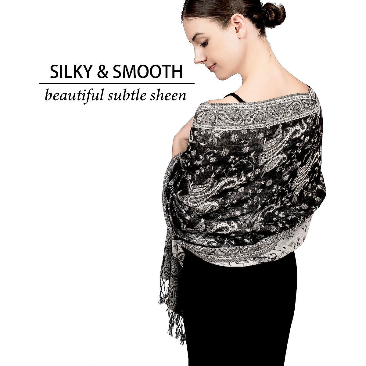 Achillea Soft Silky Reversible Paisley Pashmina Shawl Wrap Scarf w/Fringes (Black White)
