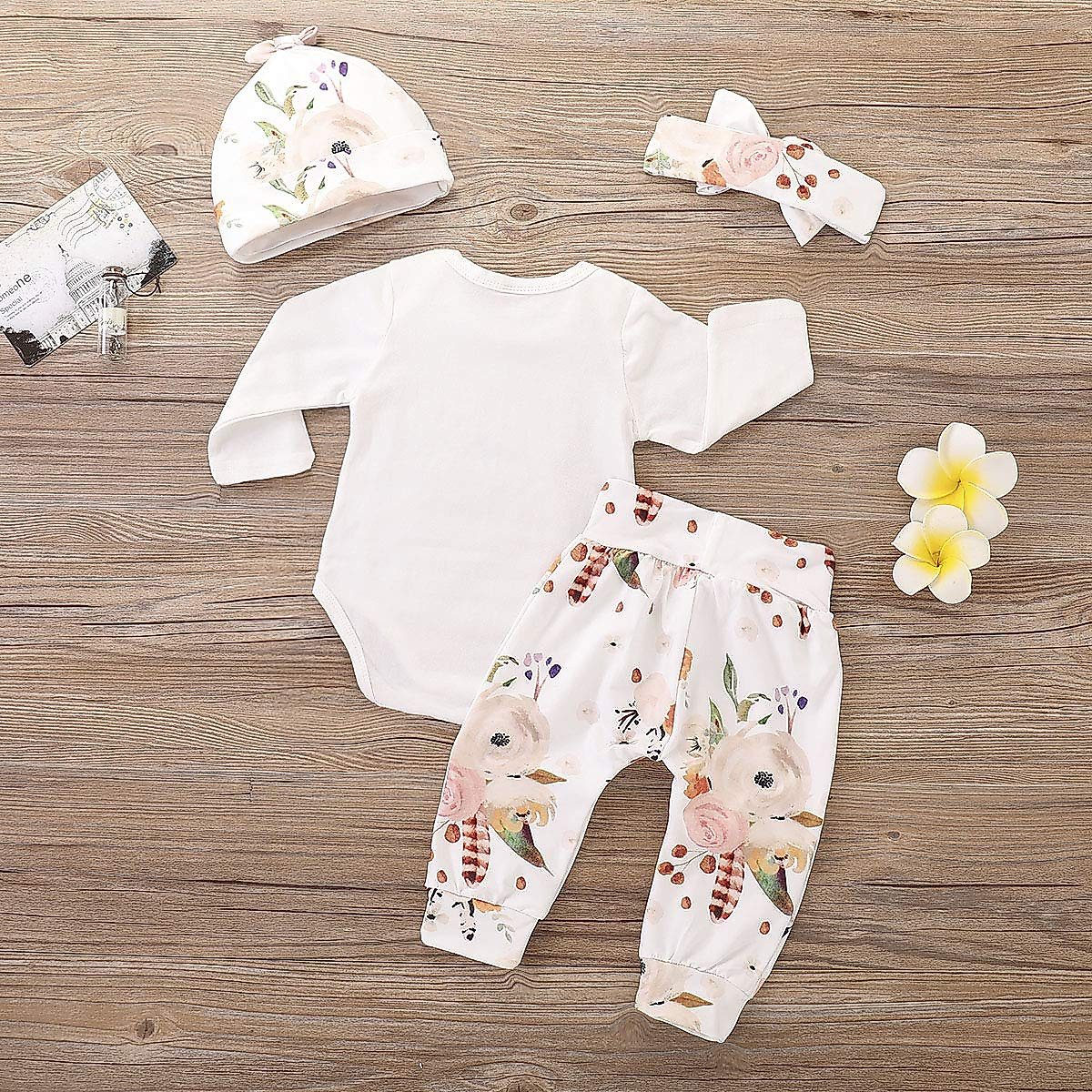 4Pcs Infant Girl Outfits Baby Sister Bodysuit Tops Floral Leggings Pants Set Bowknot Headbands Newborn Clothes (Little Sister,0-3 Months)