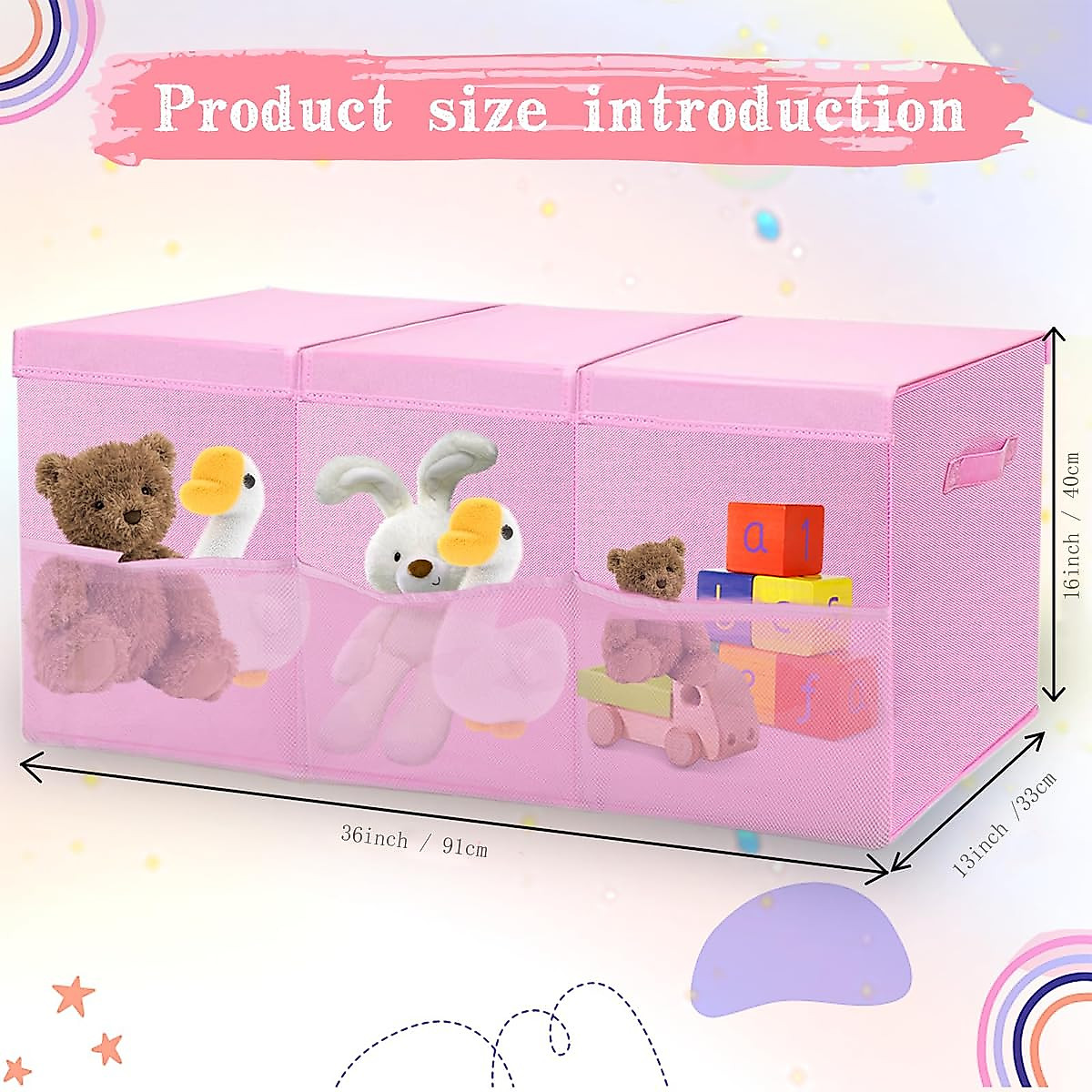 Ikerall Toy Box for Girls and Boys,Large Toy Chest Organizer with 3 Mesh Pockets and Flip-Top Lid Collapsible Sturdy Storage Bin,Suitable for Playroom, Nursery (36 x 13 x 16) Pink