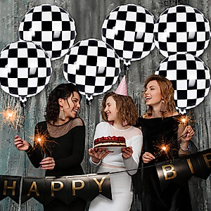 Checkered Balloons, 12 Pcs Checkered Racing Foil Balloons, 18 Inch Black and White Checkerboard Mylar Balloons for Race Car Birthday Party Supplies Decoration