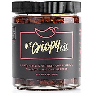 Hot Crispy Oil, An all natural unique blend of fresh fried shallots, fresh garlic and a proprietary blend of three different chili peppers. Highly addictive.