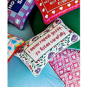 Furbish Handmade Needlepoint Decorative Throw Pillow - I Never Repeat Gossip - 8" x 14" - Small Embroidered Accent Pillow for Bed, Chair, Couch, Sofa - Aesthetic Preppy Home Decor