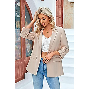 Womens Casual Blazers Open Front 3/4 Ruffle Sleeve Business Office Jacket Blazer Khaki Medium