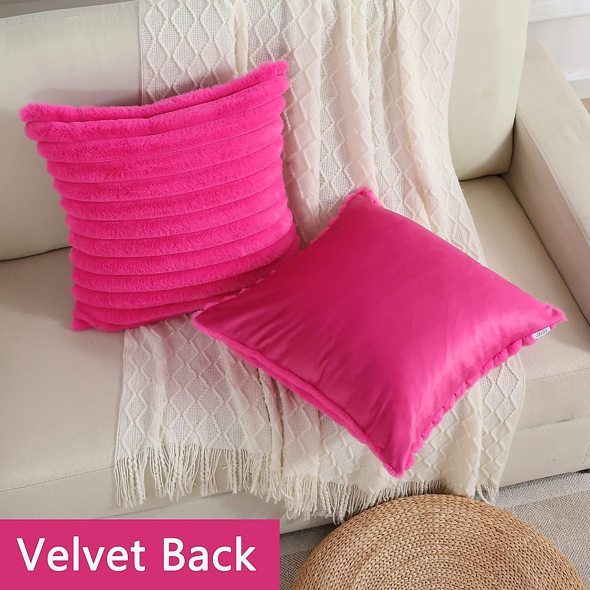 FUTEI Hot Pink Striped Decorative Throw Pillow Covers 18x18 Inch Set of 2,Square Spring Decorations Couch Pillow Case,Soft Cozy Faux Rabbit Fur & Velvet Back,Modern Home Decor for Bed