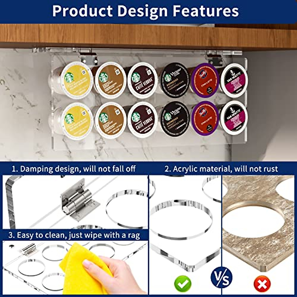 AITEE Acrylic Under Cabinet Coffee Pod Holder for K Cups, Clear K Cup Coffee Pod Holder, SpaceSaving Under Counter Cabinet Coffee Pod Holder for 12 K Cup Coffee Pods in Office and Kitchen K Cup