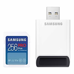 SAMSUNG PRO Plus Full Size 256GB SDXC Memory Card + Reader, Up to 180 MB/s, Full HD & 4K UHD, UHS-I, C10, U3, V30 for DSLR, Mirrorless Cameras, PCs, MB-SD256SB/AM, 2023