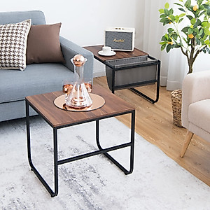 Giantex Nesting Coffee Table Set of 2, Stackable Side Table w/Side Pocket, Accent Nightstand, Industrial End Table w/Steel Frame for Living Room Bedroom Office, Easy Assembly, Rustic Brown