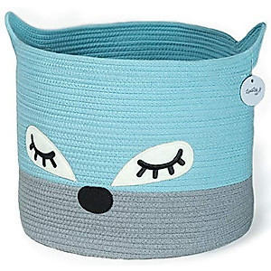 Woven Baby Basket for Nursery - Cute Blue Fox Baby Laundry Basket for Blankets, Stuffed Animal Toy Basket Storage with Handles, Large Decorative Baby Hamper Basket for Organizing Baby Shower