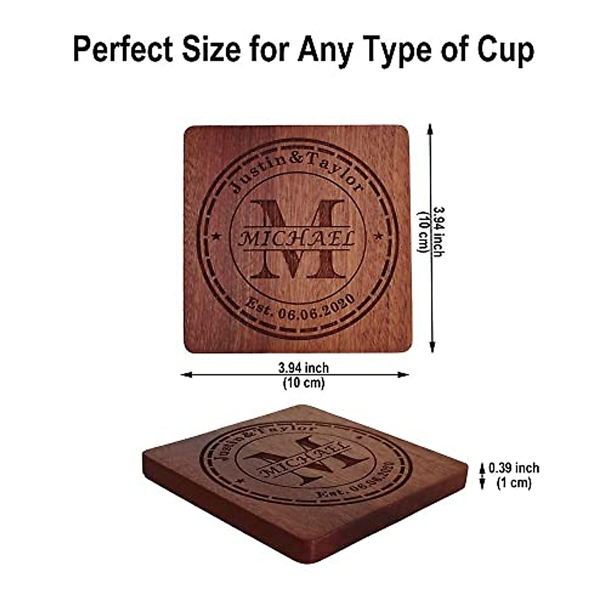Personalized Coasters, Custom Engraved Wood Coasters for Drinks, Monogram Coasters with Holder, Wedding Gifts, Parents Gifts (M)