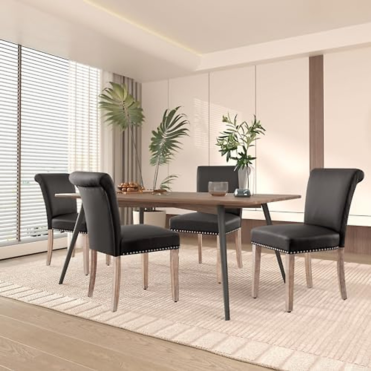 CHUN YI Dining Chairs Set of 2, Upholstered Dining Chair with Nailhead Trim and Wood Legs, Modern Faux Leather Chair for Dining Room, Living Room, Kitchen (Dark Gray)