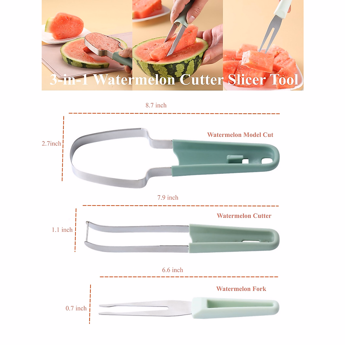 Generic 3-in-1 Watermelon Fork Slicer Cutter, 104Pcs Watermelon Forks Cutter Slicer Tool Kit, Stainless Steel Watermelon Melon Baller Scoop Popsicle Cutter Tool Knife Fruit Forks for Camping Kitchen