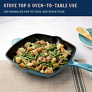 Country Living Enameled Cast Iron Square Griddle Grill Pan with Ridges, Helper Handle and Pouring Spouts for Easy Draining, Indoor Grilling Skillet, 11-Inch, Blue