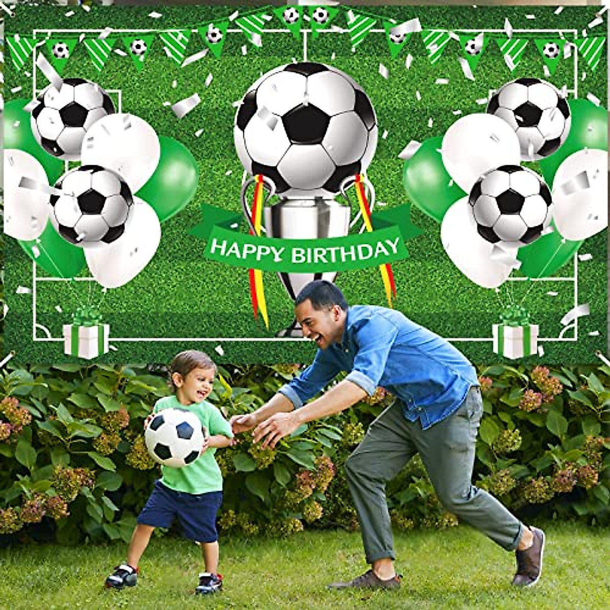 Soccer Happy Birthday Banner,Large Soccer Birthday Party Supplies Decorations Banner Backdrop Printed with Soccer Balloons for Boys Kids Teens Sport Themed Birthday Party Supplies Photo Background