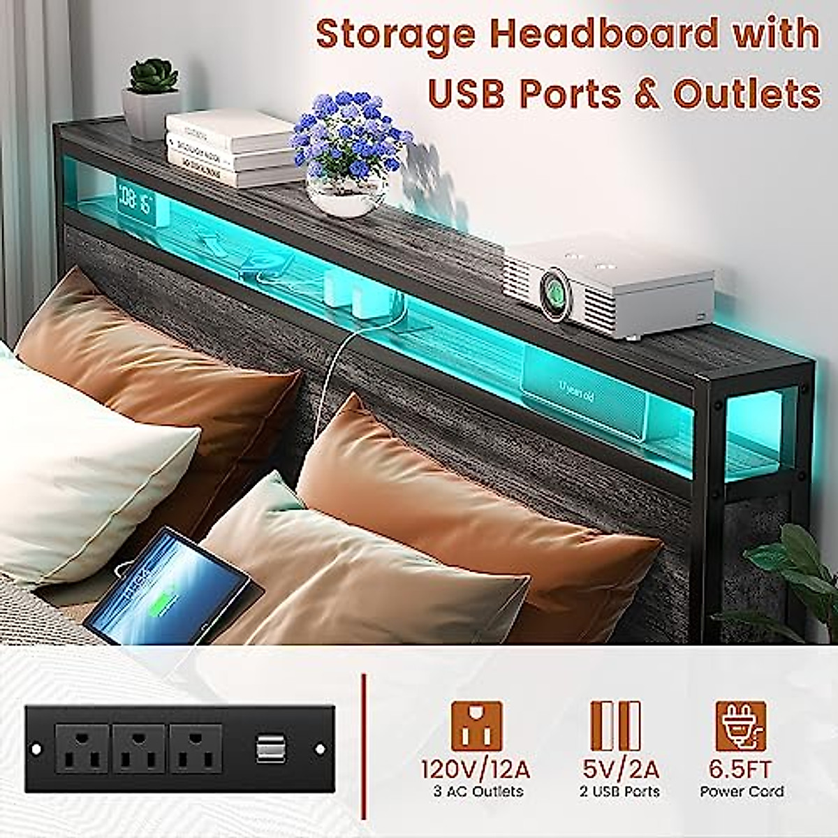 Homieasy Queen Size Bed Frame with Charging Station and Led Lights, Industrial Metal Platform Bed with Storage Headboard, Steel Slat Support, No Box Spring Needed, Noise-Free, Easy Assembly, Black Oak