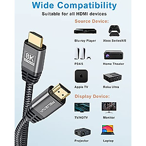 PEUZAVA 8K HDMI Cable 10ft, 48Gbps Ultra High Speed HDMI 2.1 Cord, 8K@60HZ 4K@120Hz eARC HDR10 HDCP 2.2&2.3 Dolby Compatible with PS5 PS4 Xbox Series X Switch Apple Samsung Sony LG Roku TV Blu-ray