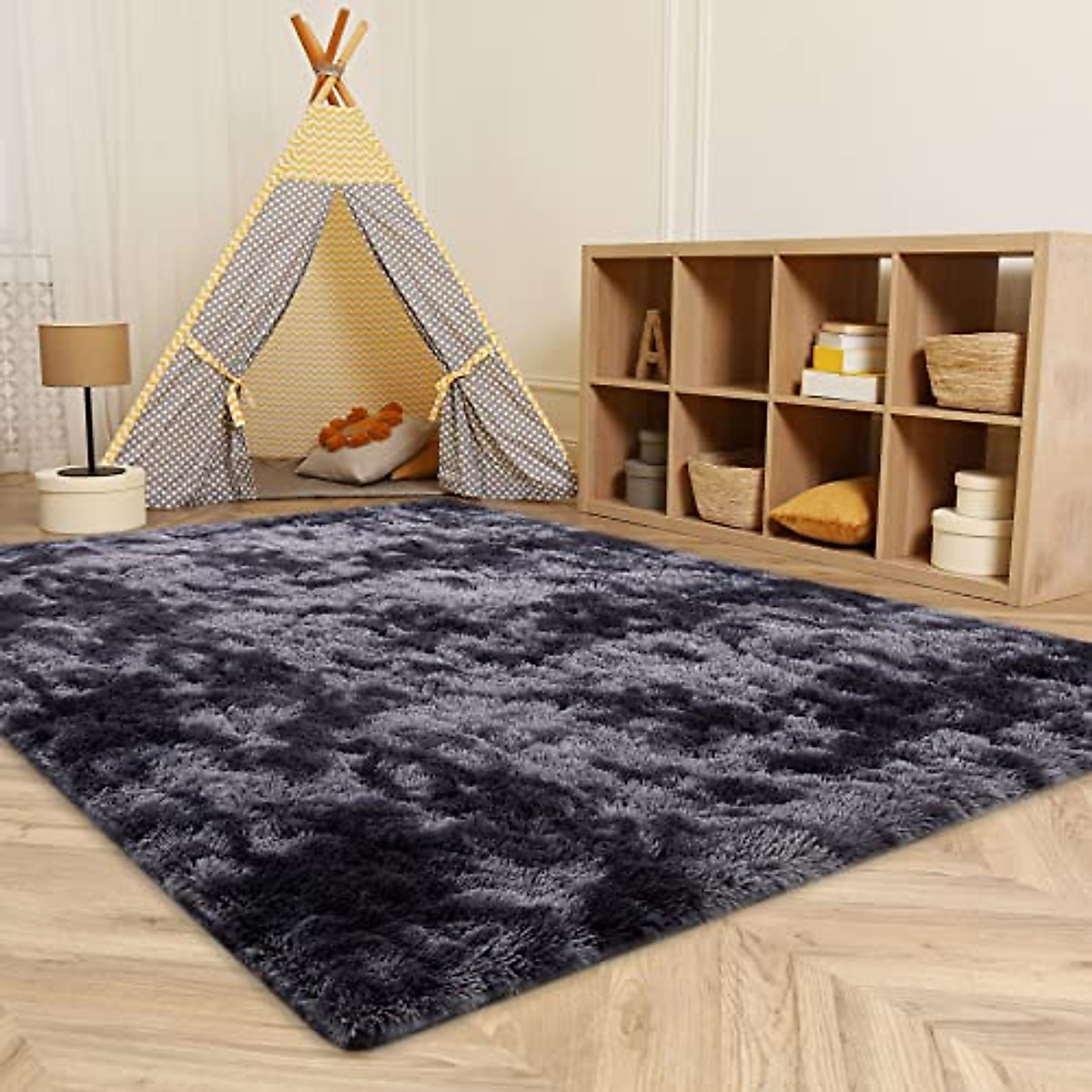GKLUCKIN Shag Ultra Soft Area Rug, Non-Skid Fluffy 5'X7' Tie-Dyed Grey&Blue Fuzzy Indoor Faux Fur Rugs for Living Room Bedroom Nursery Decor Furry Carpet Kids Playroom