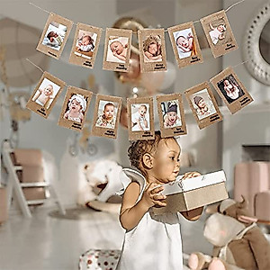 1st Baby Birthday Photo Banner from Newborn to 12 Months, Monthly Milestone Photograph Rustic Burlap Bunting Garland for Baby First Birthday Baby Shower Decoration