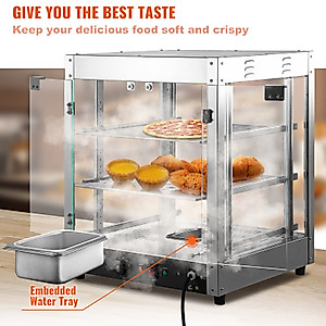 VEVOR 3-Tier Food Display Warmer, 800W, with Multidirectional Heating, Tri-Color Illumination & Bottom Fan. Features Temperature Control, 0.6L Water Tray for Humidity, Durable Stainless Steel & Gla