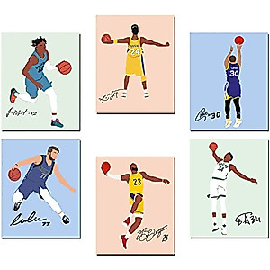 Inspirational Basketball Wall Art Prints, Abstract Basketball Stars Autograph Posters, Stephen Curry LeBron James Morant Giannis Canvas Art Print for Man Cave Boys Room Decor, 6 Set-(8"x10" Unframed)