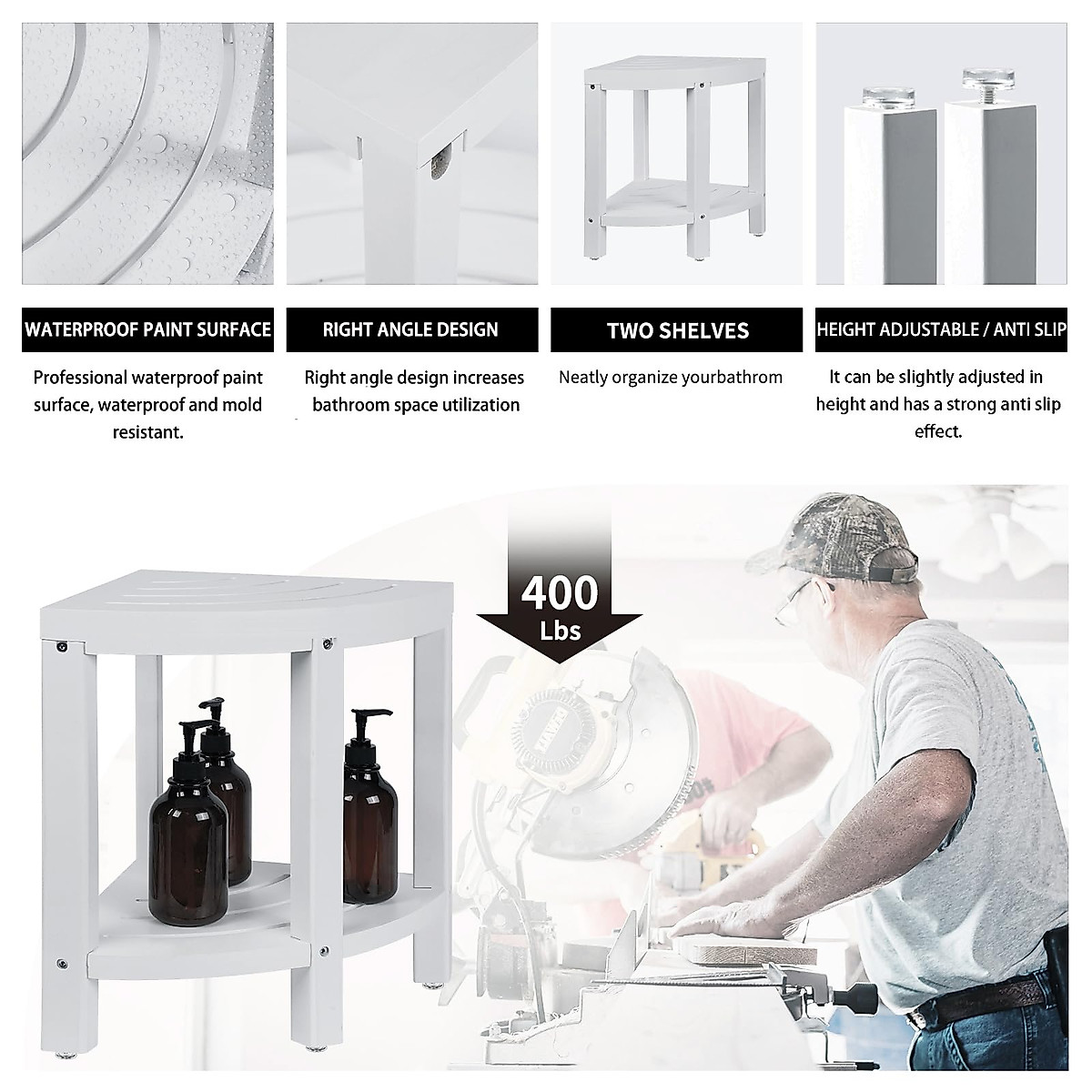 Corner Shower Bench with Storage Shelf,Waterproof Bamboo Corner Shower Stool for Shaving Legs,Easy Assemble Non-Slip Shower Chair for Bathroom,Stable & Sturdy Adjustable Feet Shower Seat(White)