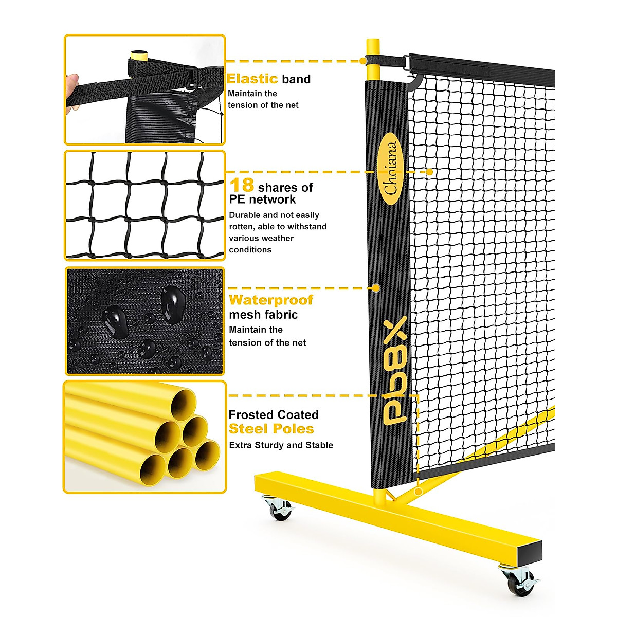 Choiana Pickleball Net with Wheels, Pickle Ball Net Portable Outdoor with 22ft Regulation Size Net, Court Markers, Durable Frame PE Knited Pickleball Practice Net System for Backyard Driveway