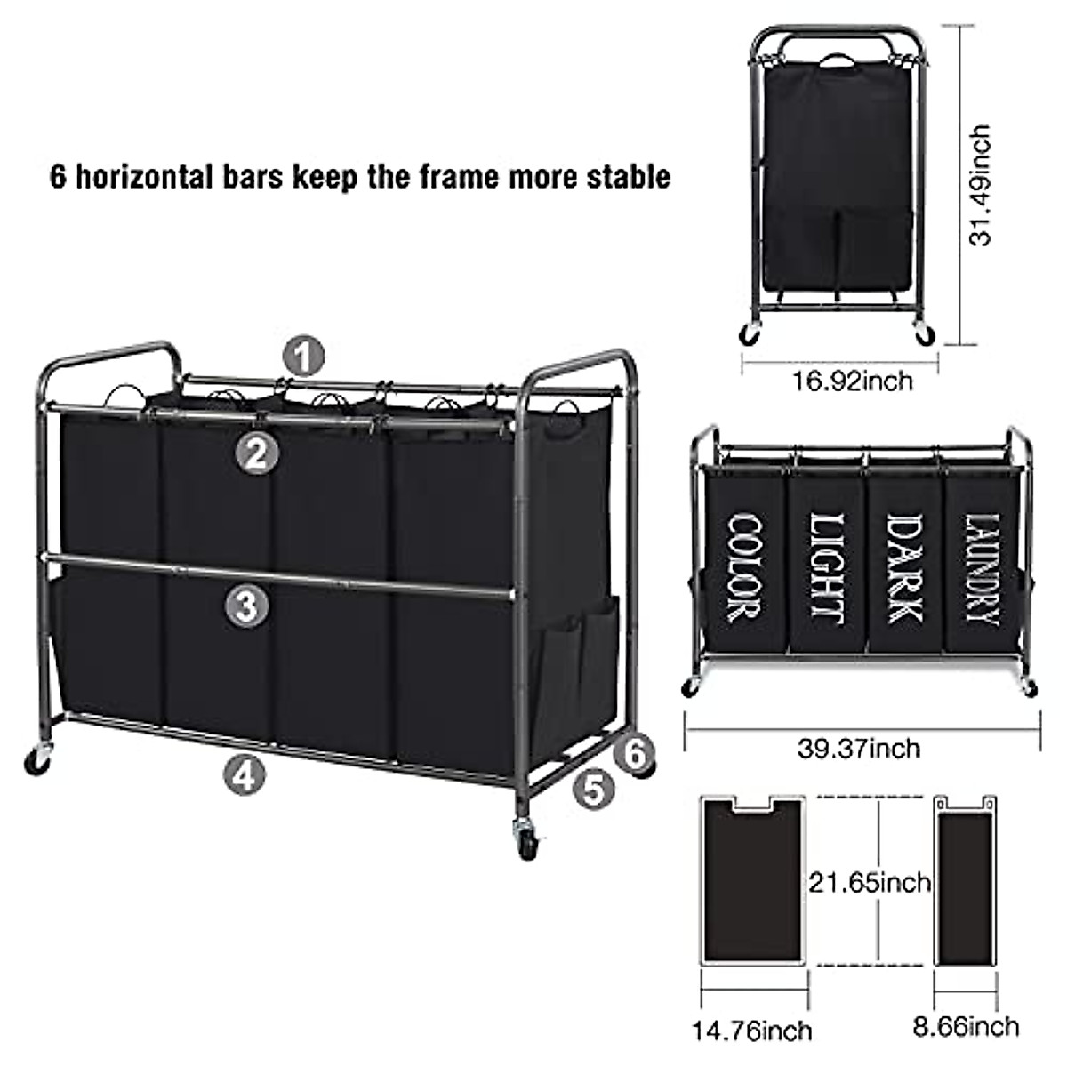 STORAGE MANIAC Laundry Sorter, Laundry Divider with Side Pockets, Multi Laundry Separator Hamper with Removable Bags and Rolling Lockable Wheels, Laundry Organizer Hamper, 4 Section Black