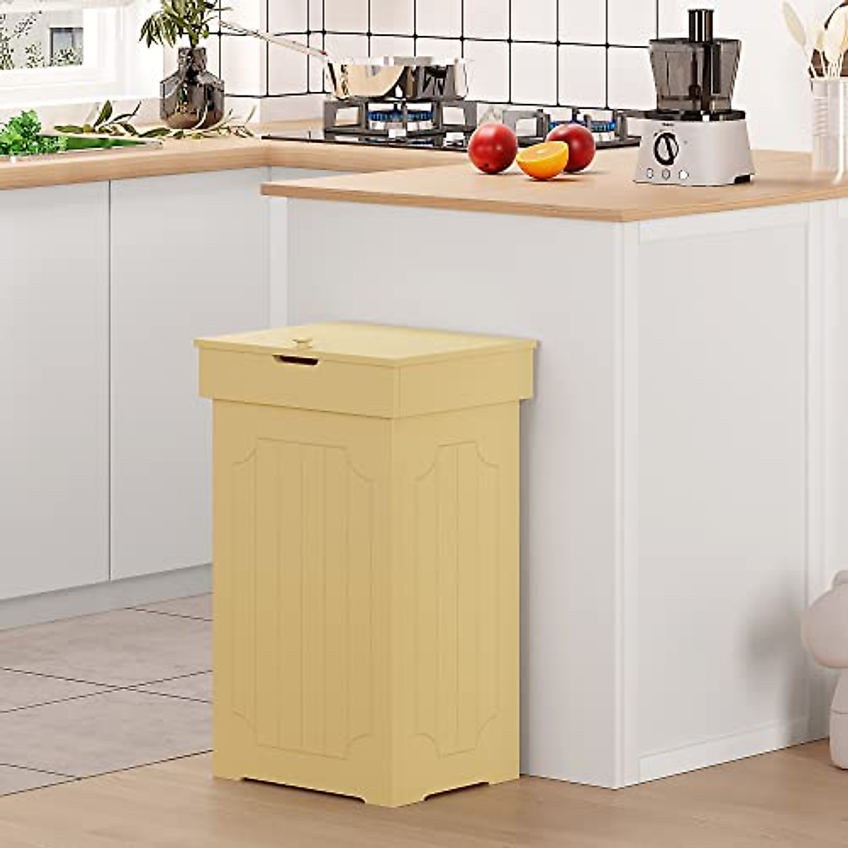 Function Home Trash Can Cabinet, 23 Gallon Kitchen Garbage Can, Wooden Recycling Trash Bin, Freestanding Dog Proof Trash Can, Farmhouse Trash Cabinet with Lid for Home Kitchen Bathroom, Yellow