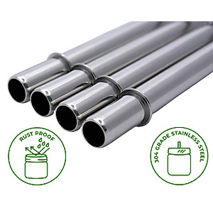 Long Safer Rounded End Stainless Steel Metal Straws for Large Cups, Tall Glasses, or Quart Mason Jars (4 Pack + Cleaning Brush + Bag)