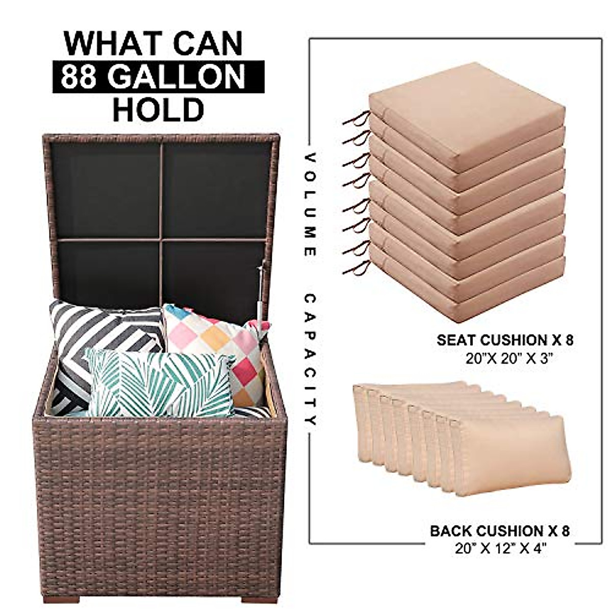 Super Patio Outdoor Patio Storage Box Waterproof, Wicker Storage Bin Deck Box for Cushions, Garden Tools, Pool Toys, 88 Gallon