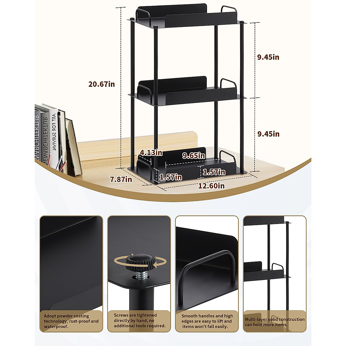 KATHY&BOB Bathroom Countertop Organizer, Make-up Desk Organization, Dressing Shelf Desktop Storage for Bathroom Cosmetic Dorm Kitchen Living Room, Multipurpose Cubicle Display Rack (Black, 3 Tiers)