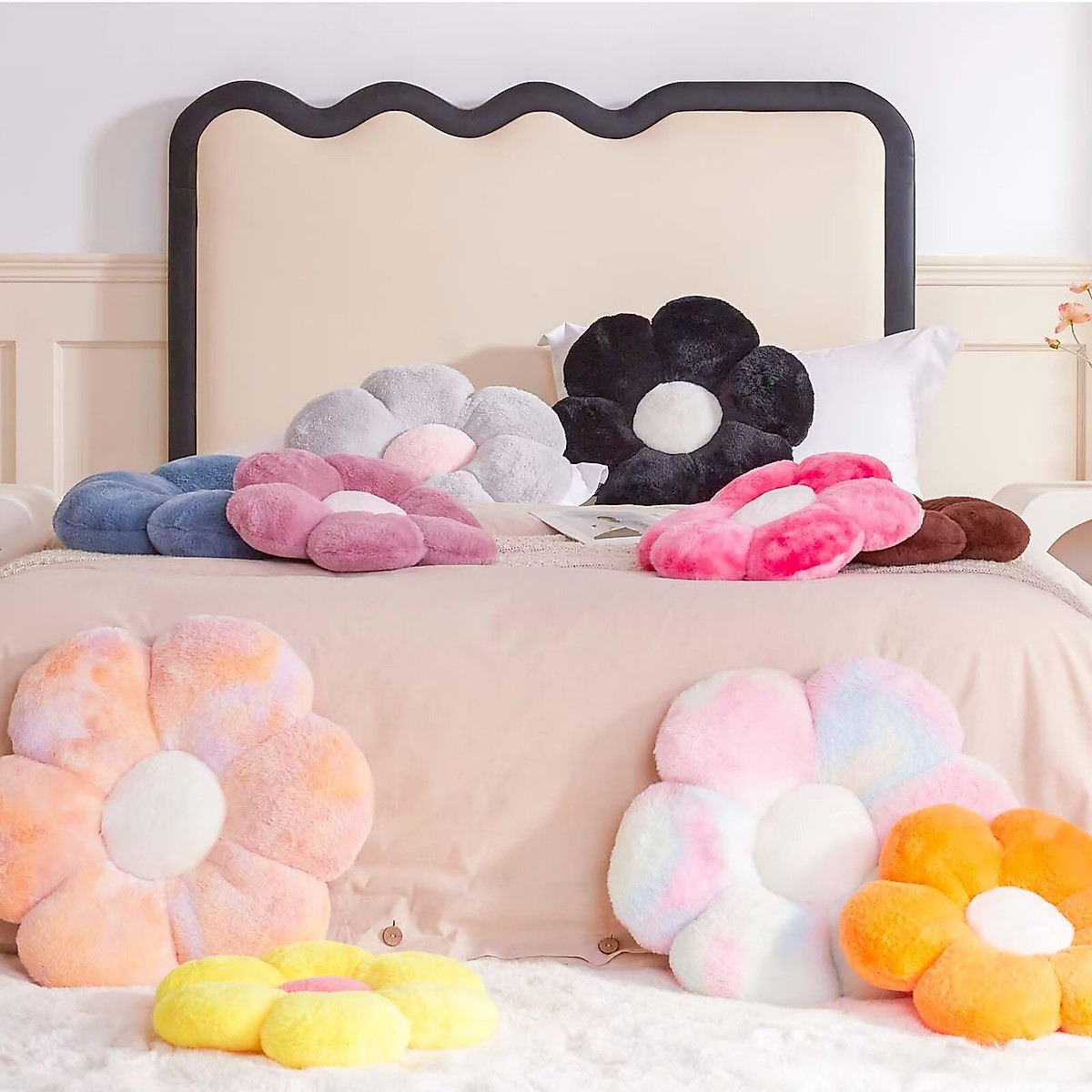 Kcvvcr Rainbow Pink Flower Pillow, Cute Decorative Flower Shaped Throw Pillow with Faux Rabbit Fur, 14.9" Soft Flower Plush Throw Pillow Floor Pillows Room Décor for Bedroom Living Room