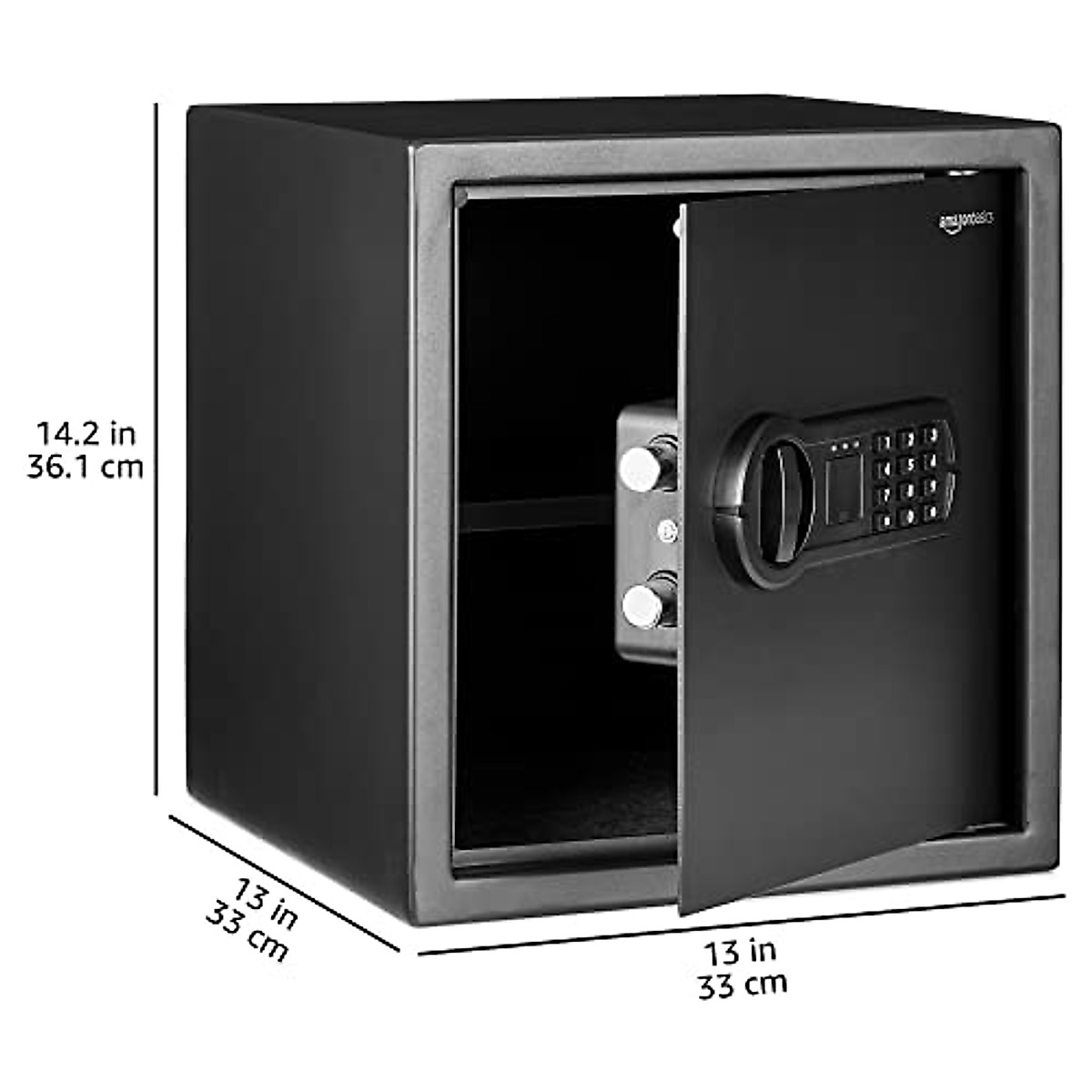 Amazon Basics Steel Home Security Safe with Programmable Keypad Lock, Secure Documents, Jewelry, Valuables, 1.2 Cubic Feet, Black, 13" x 13" x 14.2"