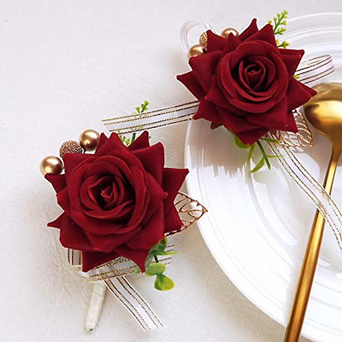 MYQNS Wrist Corsage and Boutonniere Set, Handmade Rose Boutonniere for Men Wedding, Bridal Bridesmaid Hand Flower Corsage Wristlet for Wedding Flowers Accessories Prom Suit Decor