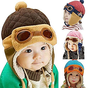 Crochet Earflap Pilot Hats Rabbit Ears Beanie Cap Winter Warm Knit Caps for Toddlers Baby Girls and Boys (Coffee)