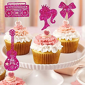 Ufocusmi 24 Pack Princess Party Cupcake Toppers, Glitter Pink Girls Theme Party Decorations, Princess Birthday Cake Topper Bachelorette Party Supplies