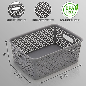BROOKSTONE, 6 Pack Small Storage Baskets with Handles, Decorative Woven Pattern, Versatile and Stylish Organizers for Home, BPA Free Plastic Bins