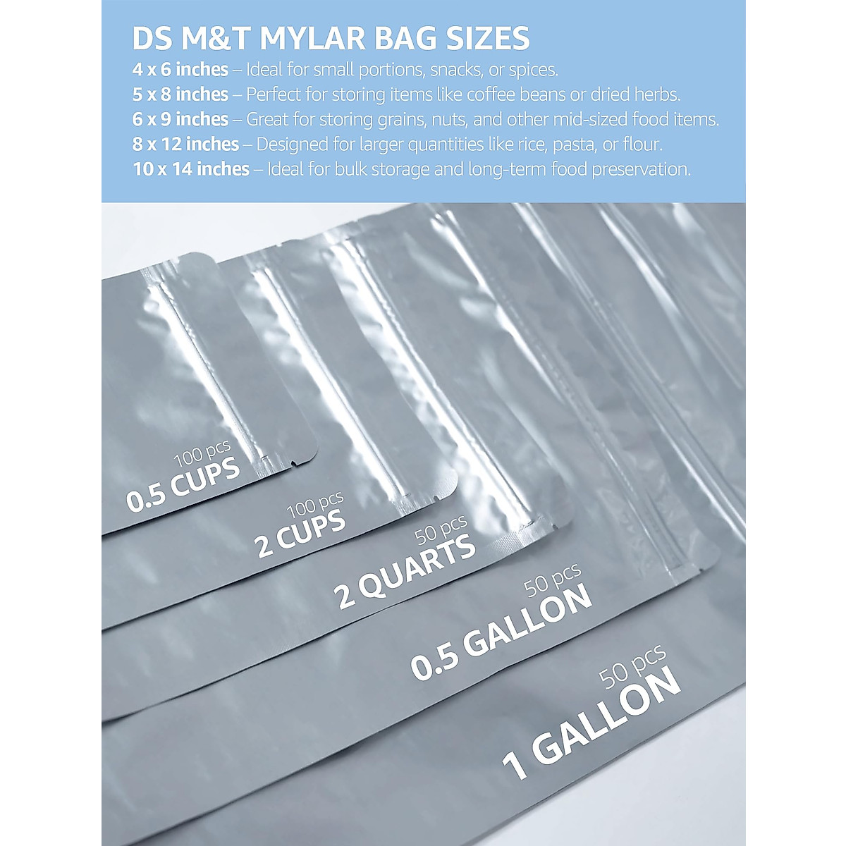 Mylar Bags for Food Storage 50pcs 6x9 with Resealable Zipper and Aluminum Foil Pouch