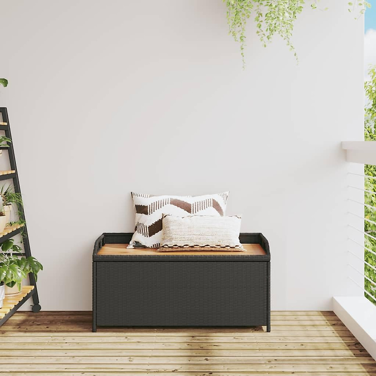 vidaXL Outdoor Storage Bench - Black Poly Rattan & Acacia Wood with Water-Resistant Storage Bag, 39.4"x19.7"x20.5"