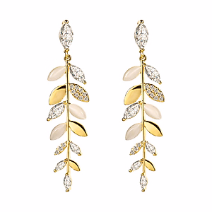 14K Gold Plated Olive Branch Leaf Cubic Zironia Cat Eye Dangle Earrings