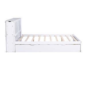 Lifeand Queen Size Storage Platform Wooden Bed with Pull Out Shelves and Twin XL Size Trundle, White