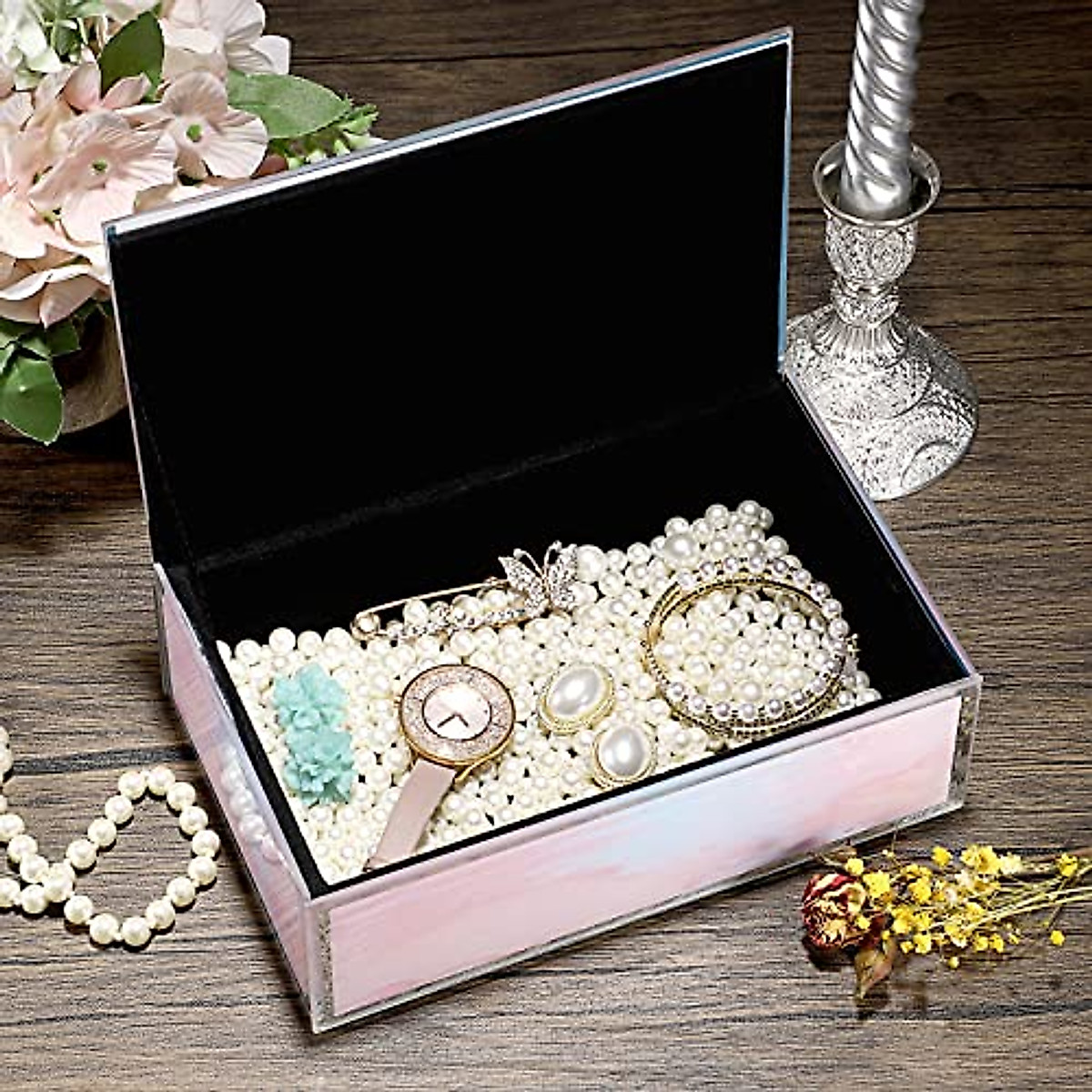 Hipiwe Pink Glass Jewelry Box Large Trinket Storage Box Treasure Box Decorative Jewelry Box Keepsake Box Jewelry Organizer for Women Girls