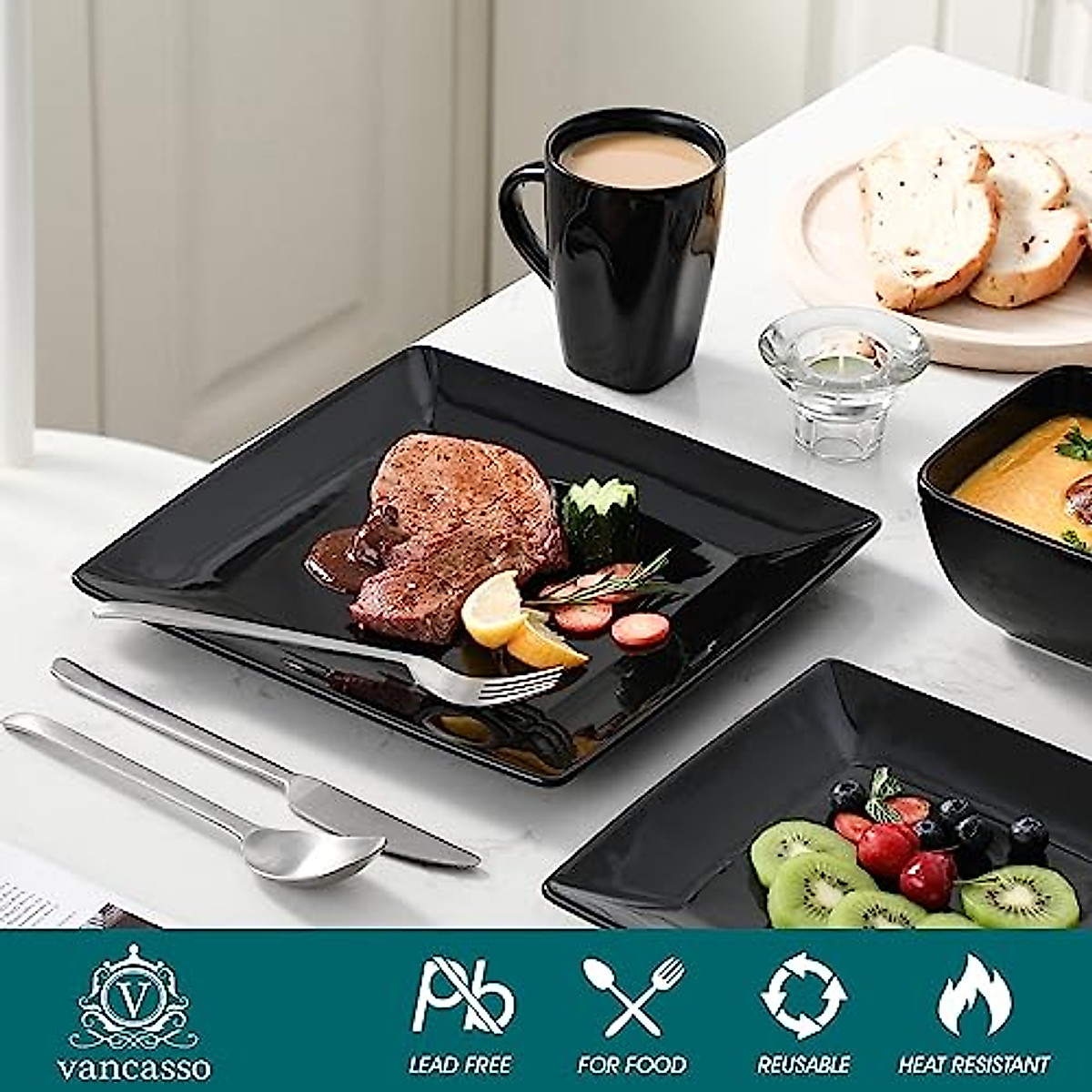 vancasso, Series SOHO, Stoneware Square Dinner Set Black 16 Piece Kitchen Dinnerware Service Plate Crockery Set with 16-Piece Dinner Plates, Dessert Plate,Bowls and Mugs, Service for 4