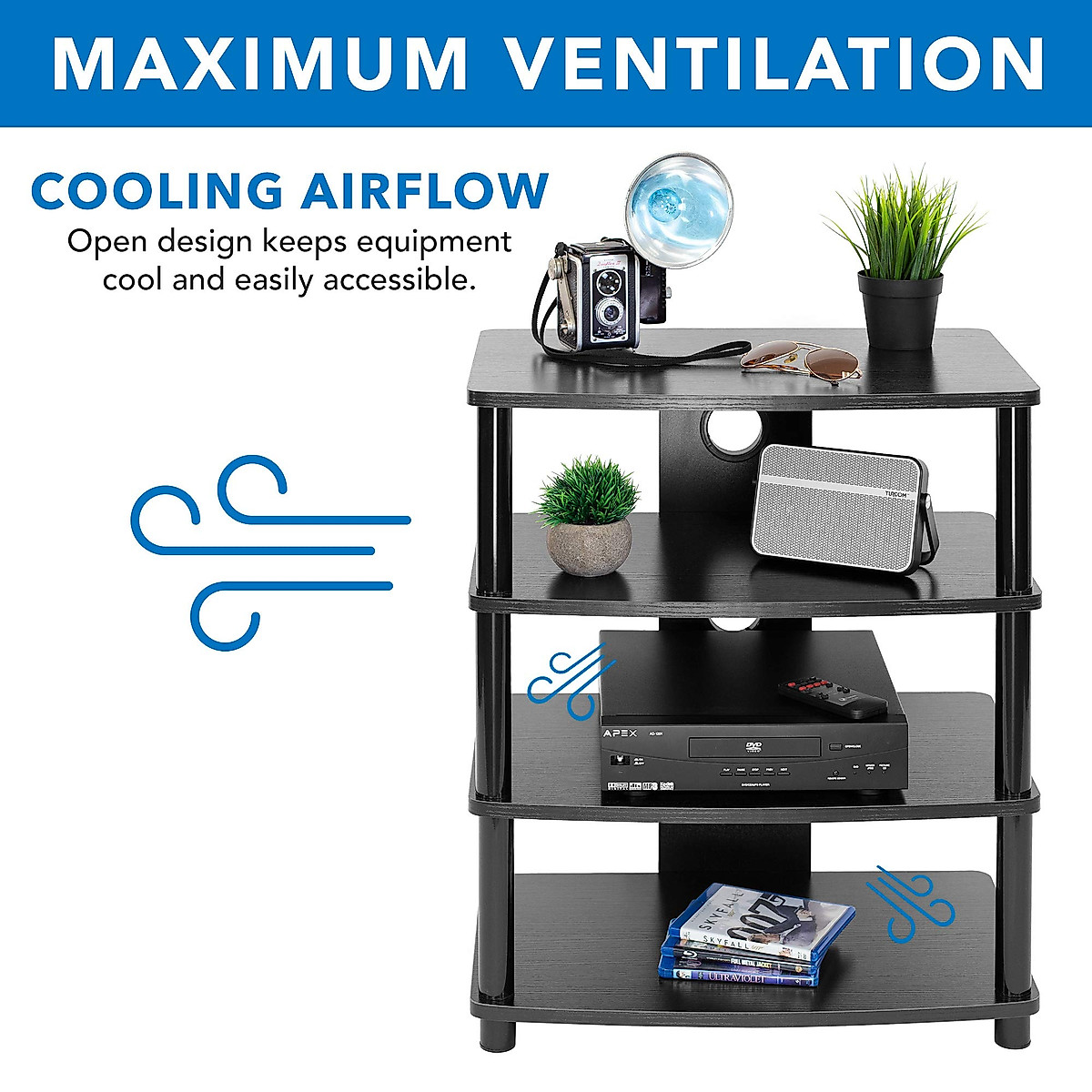 Mount-It! Media Stand Entertainment Center for TV, Audio Video Components, Stereo Equipment, Gaming Consoles, Streaming Devices, 4 Shelves, Black