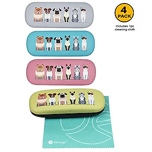JAVOedge [4 PACK], Printed Front and Back Dogs Pattern Durable Hard Clamshell Eyeglass Storage Case w/Microfiber Cloth