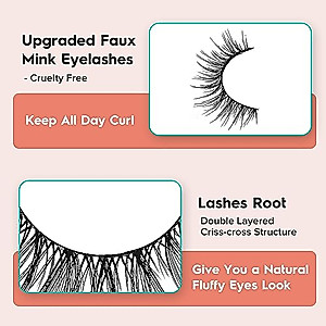 Natural Cat Eyelashes Mink Lashes Wispy Thinner Band 14mm False Eyelashes Natural Look 3D Volume Lashes C Curl Fake Eyelashes 7 Pair Siligli