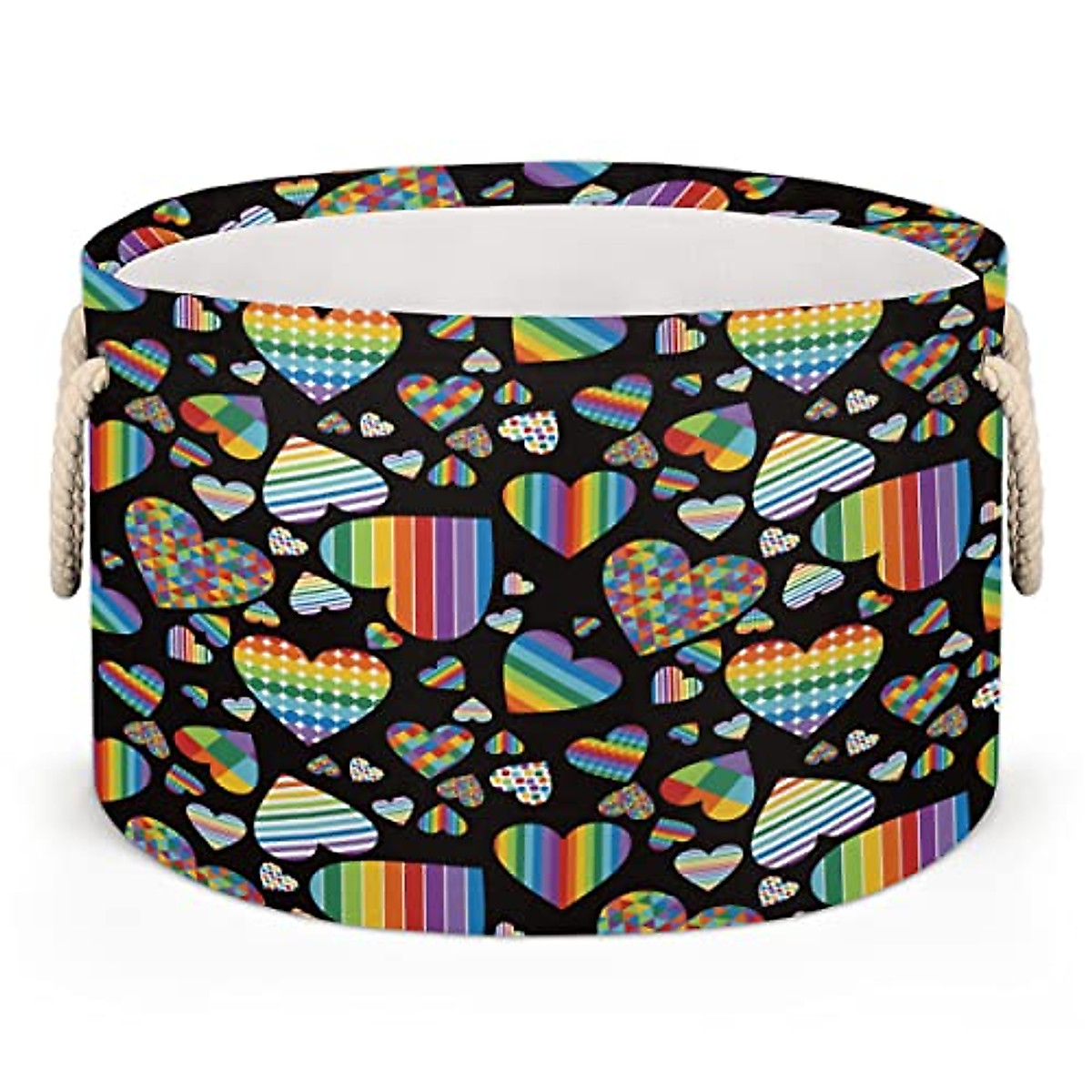 Rainbow Hearts Lgbt Pridge Large Round Baskets for Storage Laundry Baskets with Handles Blanket Storage Basket for Bathroom Shelves Bins for Organizing Nursery Hamper Girl Boy